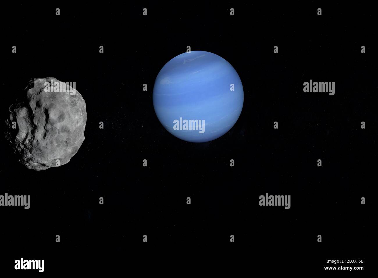 Satellite Nereid orbiting around Neptune planet in the outer space. 3d ...