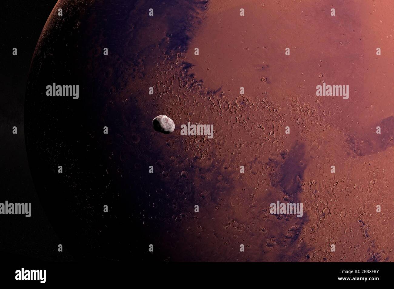 Satellite Phobos orbiting around Mars planet. 3d render Stock Photo - Alamy