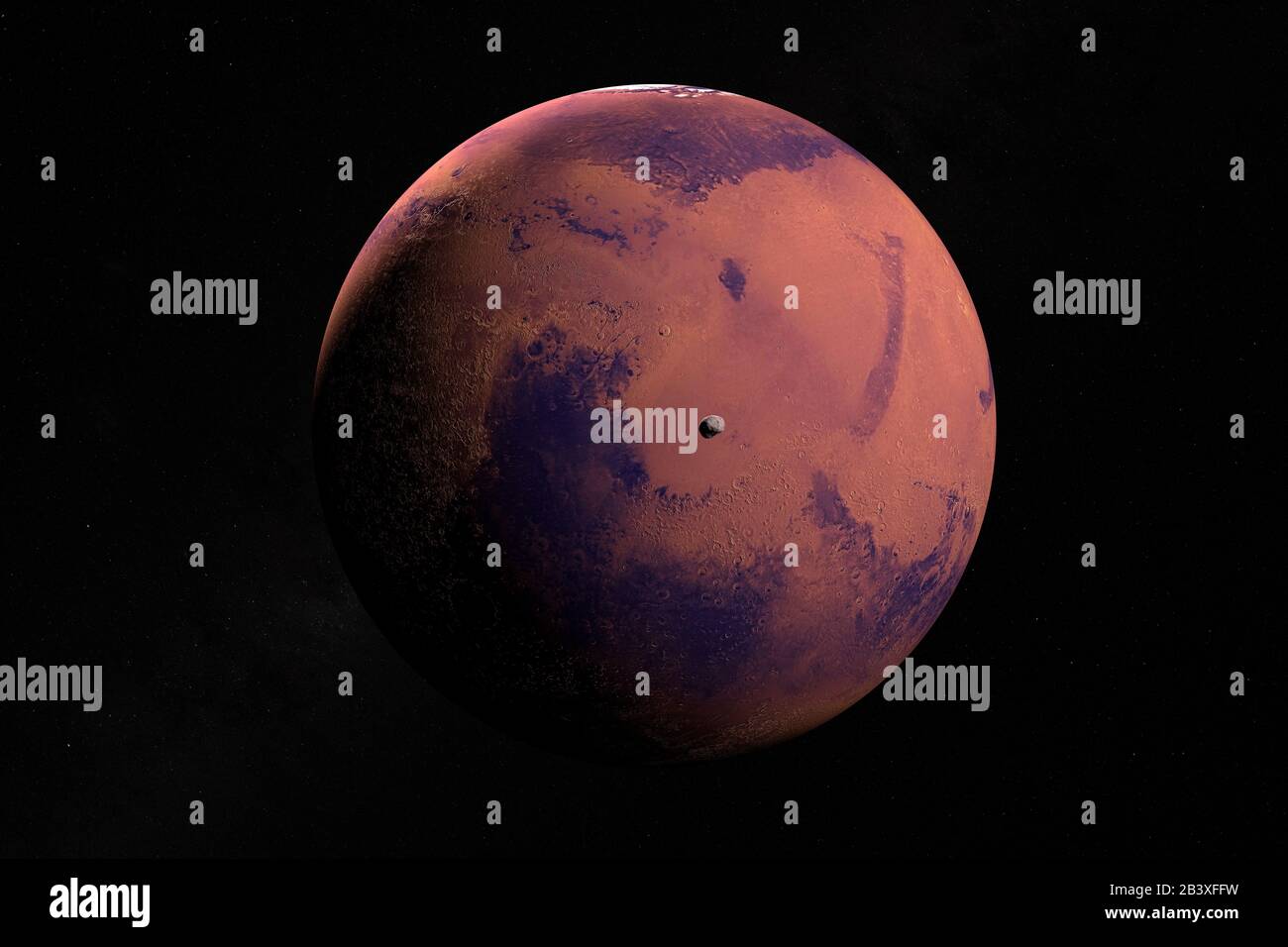 Satellite Phobos orbiting around Mars planet in the outer space. 3d ...