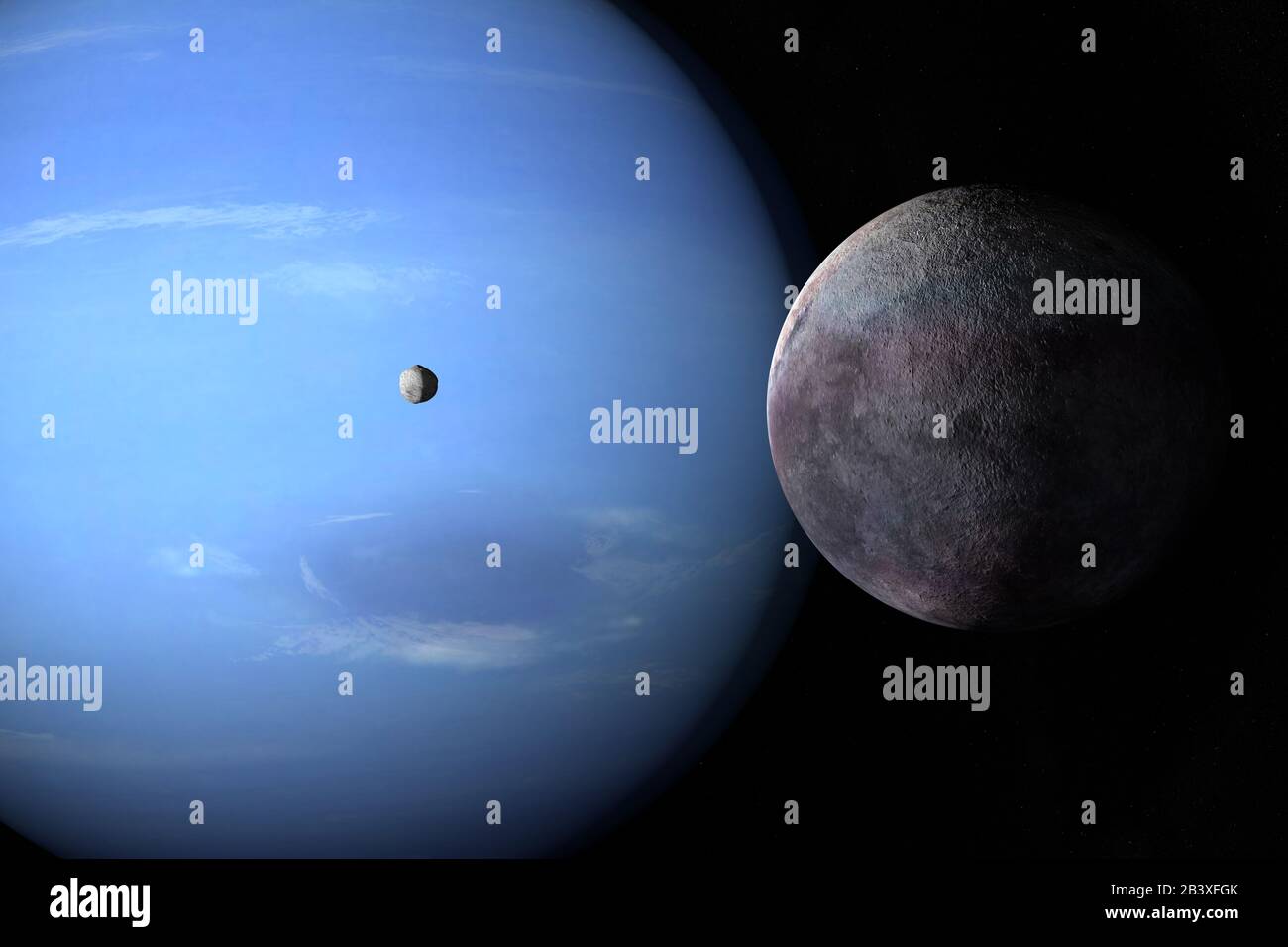 Satellites Proteus and Triton orbiting around Neptune planet. 3d render ...