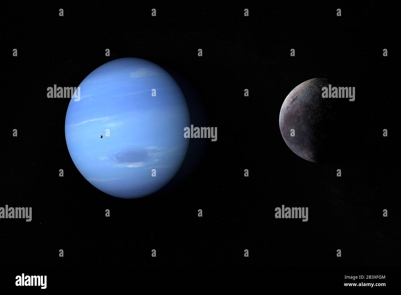 Triton and Proteus orbiting around Neptune planet. 3d render Stock ...