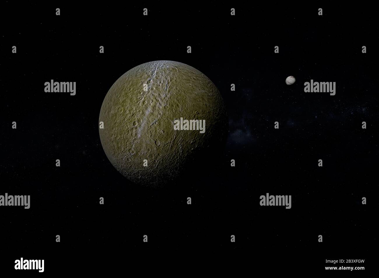 Satellite Rhea orbiting in the space with moon Iapetus. 3d render Stock ...