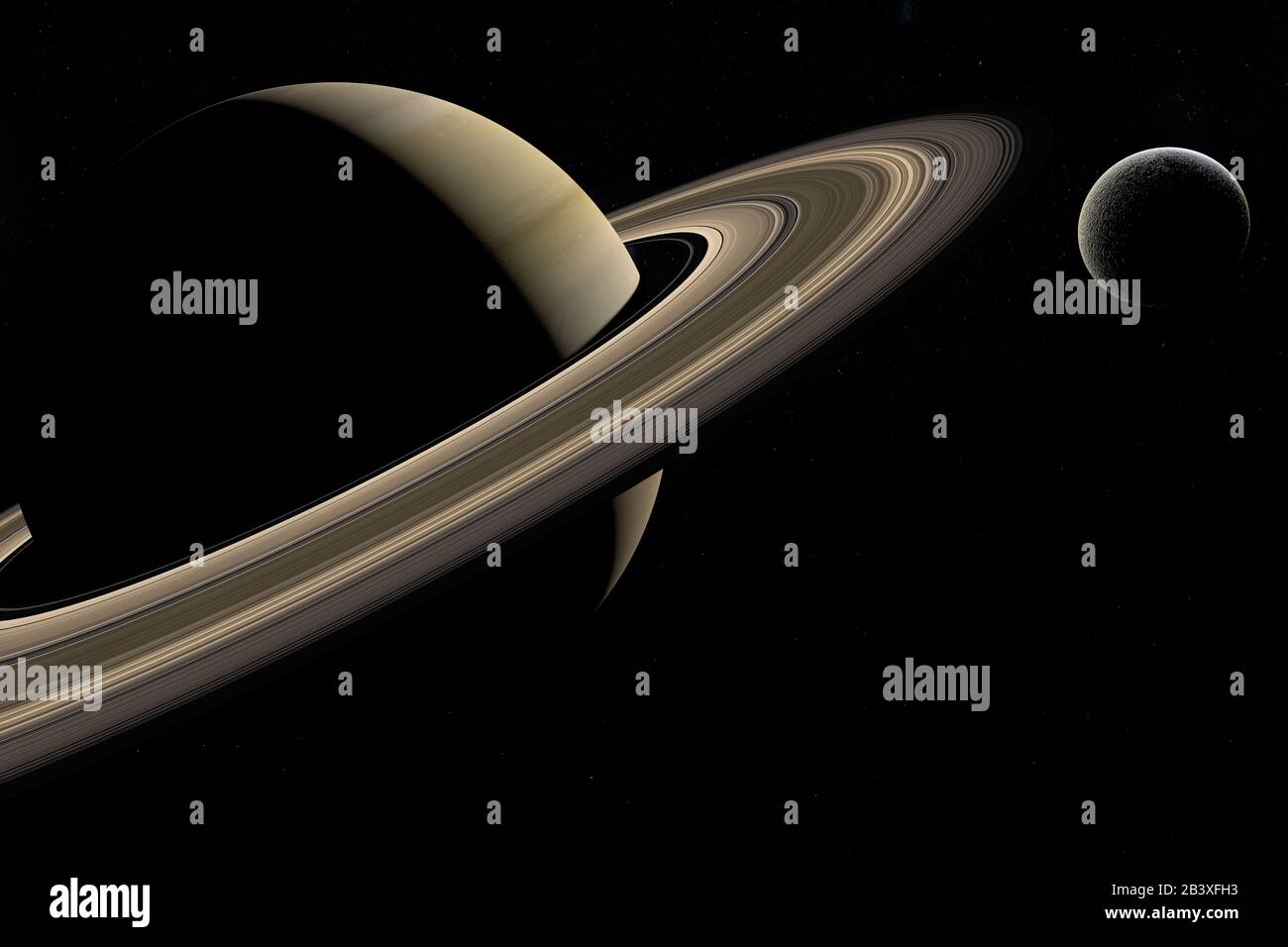 Satellite Rhea orbiting around Saturn planet in the outer space. 3d ...