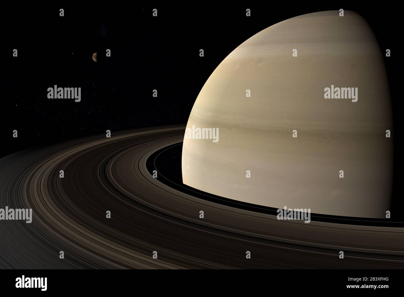 Satellite Titan rotating and orbiting around Saturn planet. 3d render ...