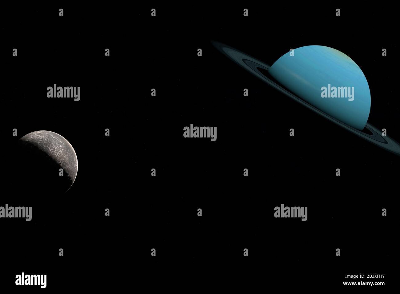 Satellite Umbriel orbiting around Uranus planet in the outer space. 3d ...