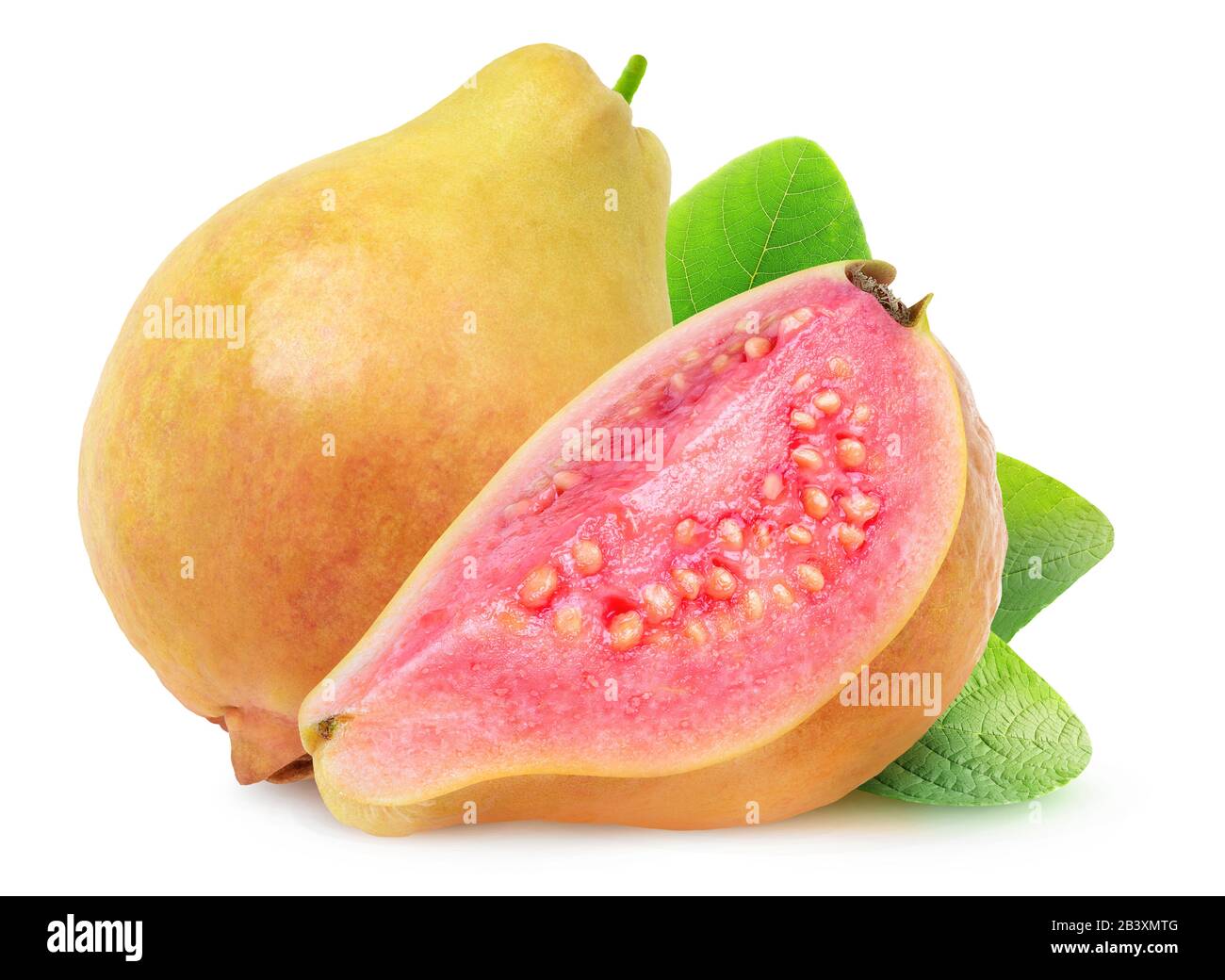 Isolated guava. One whole yellow guava and a half with pink flesh ...