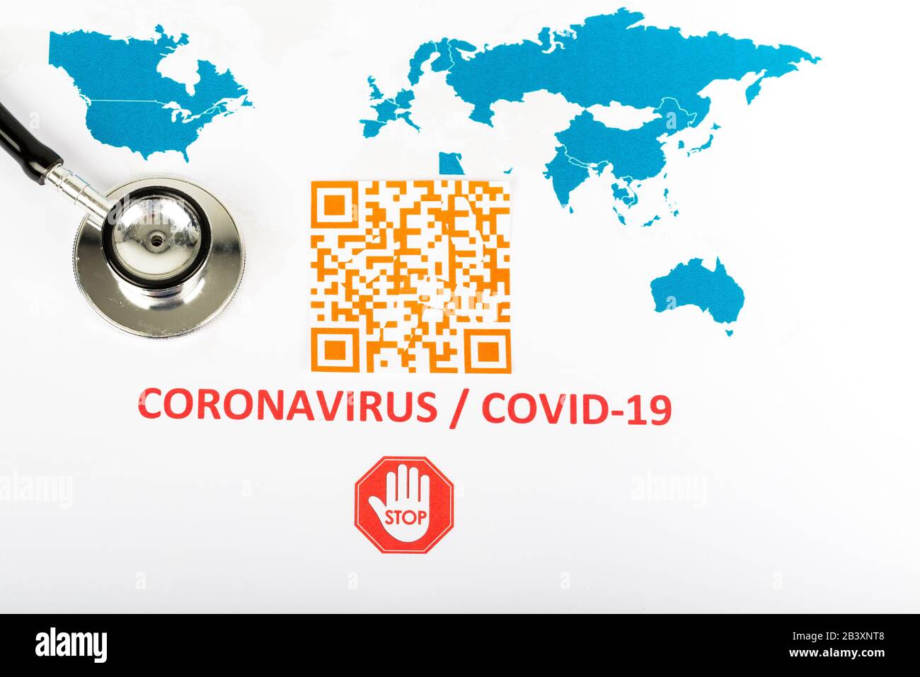 World map with orange colorful illegible QR Code for coronavirus Covid ...