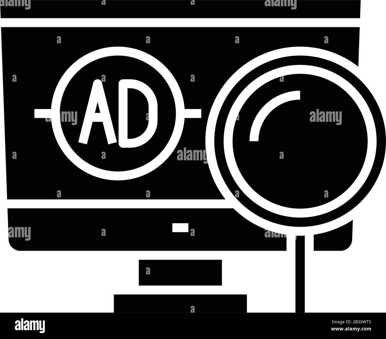 Searching ads black icon, concept illustration, vector flat symbol ...