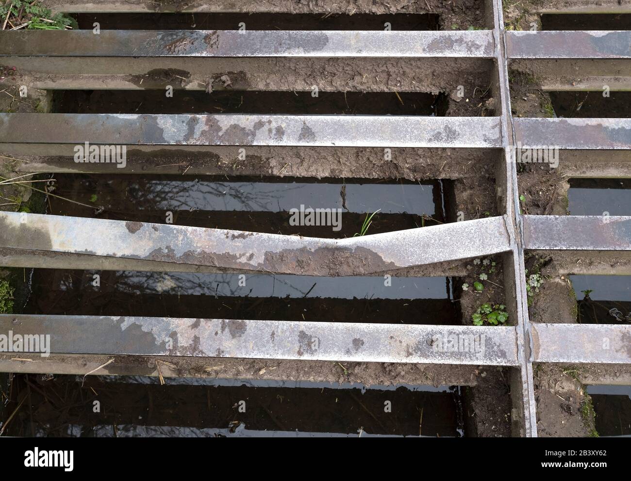 Farm cattle grid with a buckled bar Stock Photo - Alamy