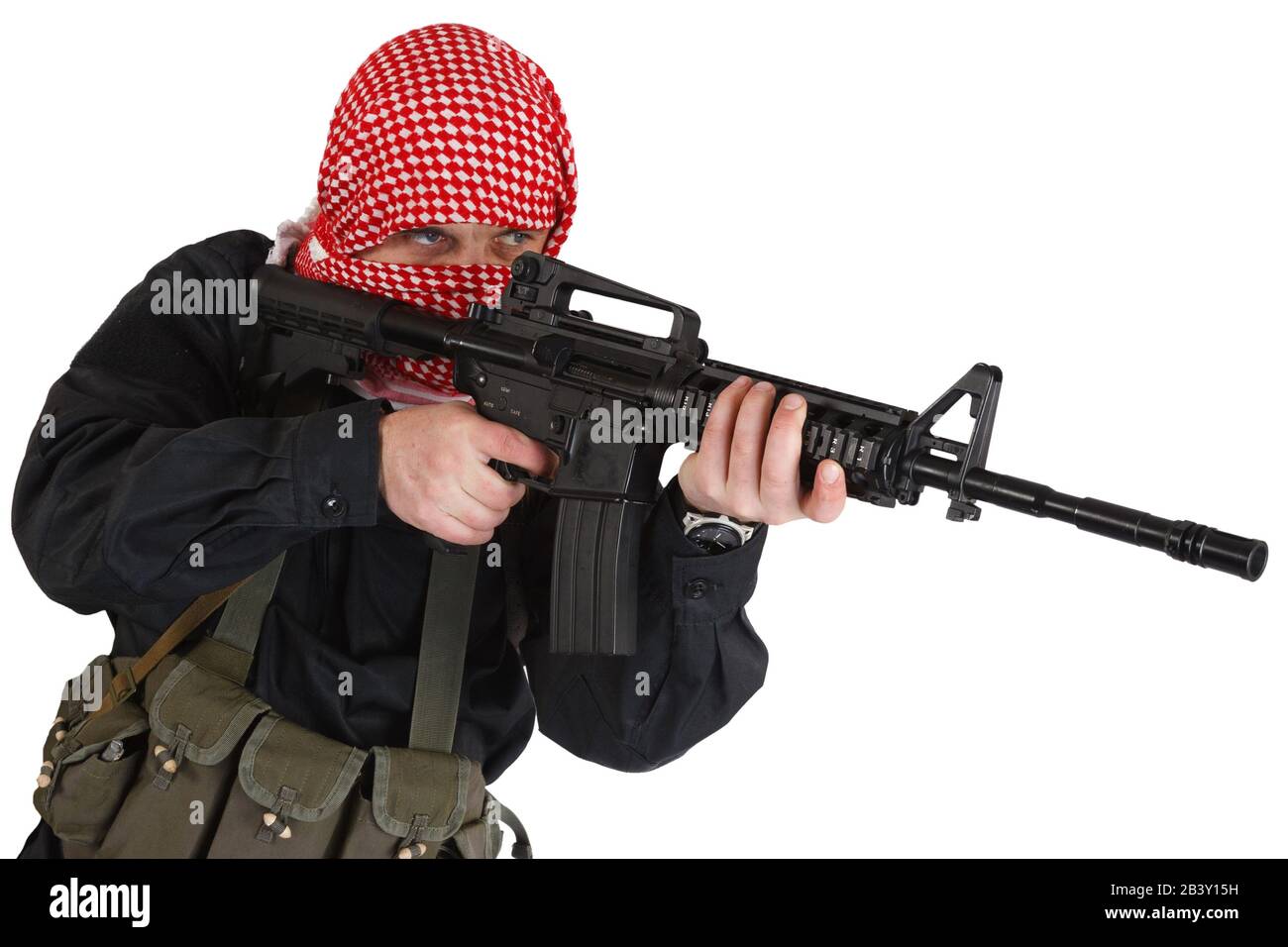 guerillas in black uniform with keffiyeh with assault rifle isolated on ...
