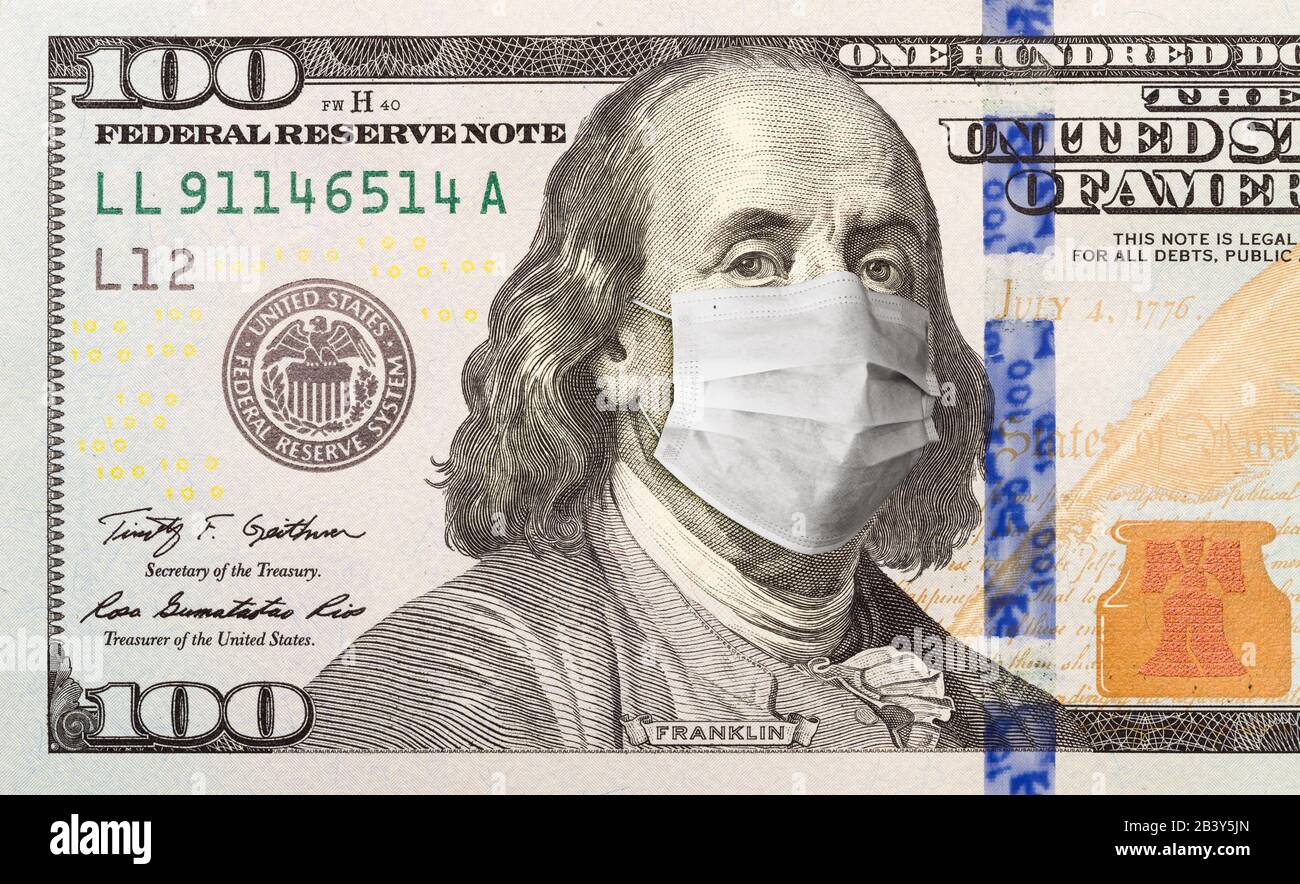 One Hundred Dollar Bill With Medical Face Mask on Benjamin Franklin ...