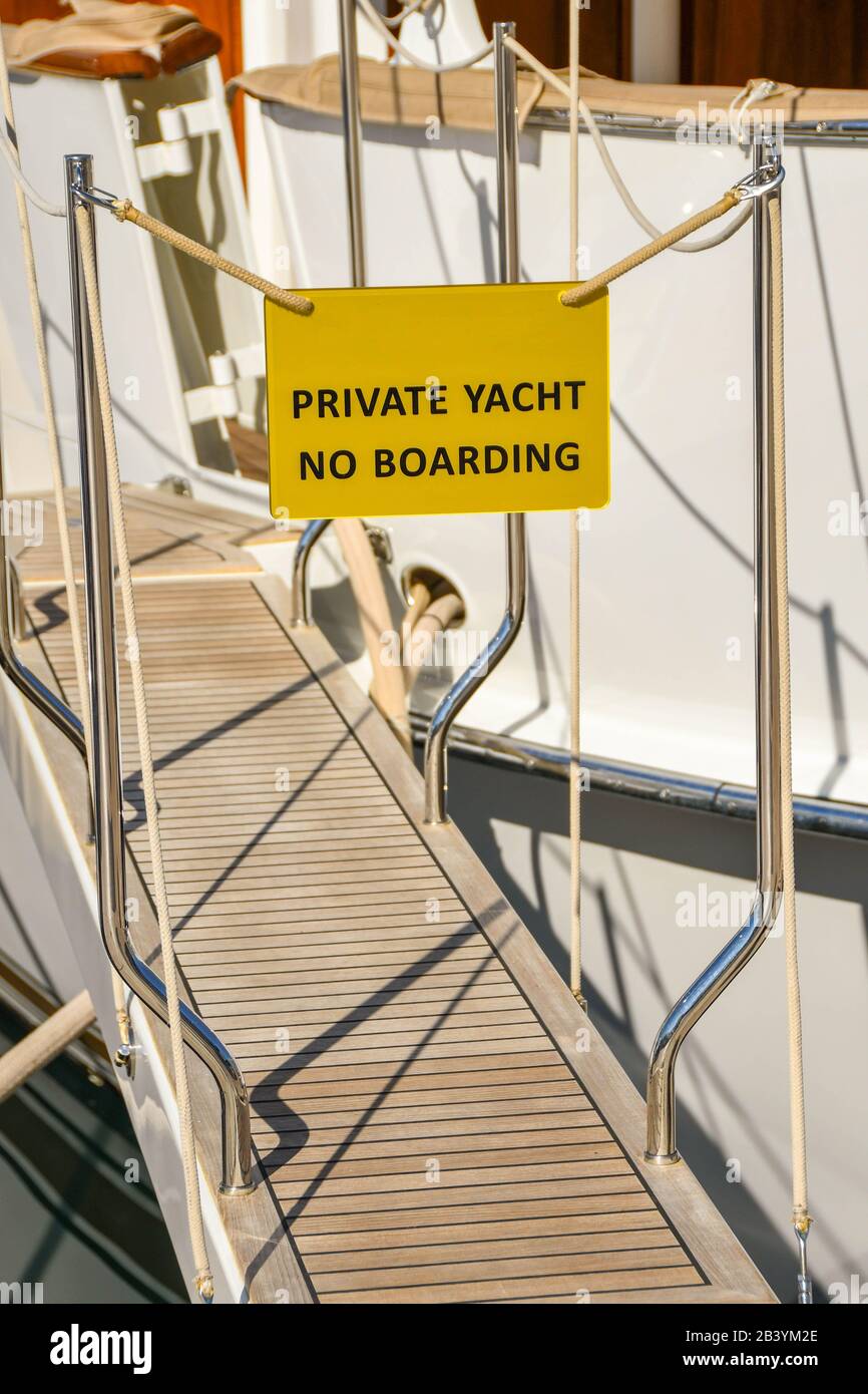 CANNES, FRANCE - APRIL 2019: "No boarding" sign on the gangway of a ...