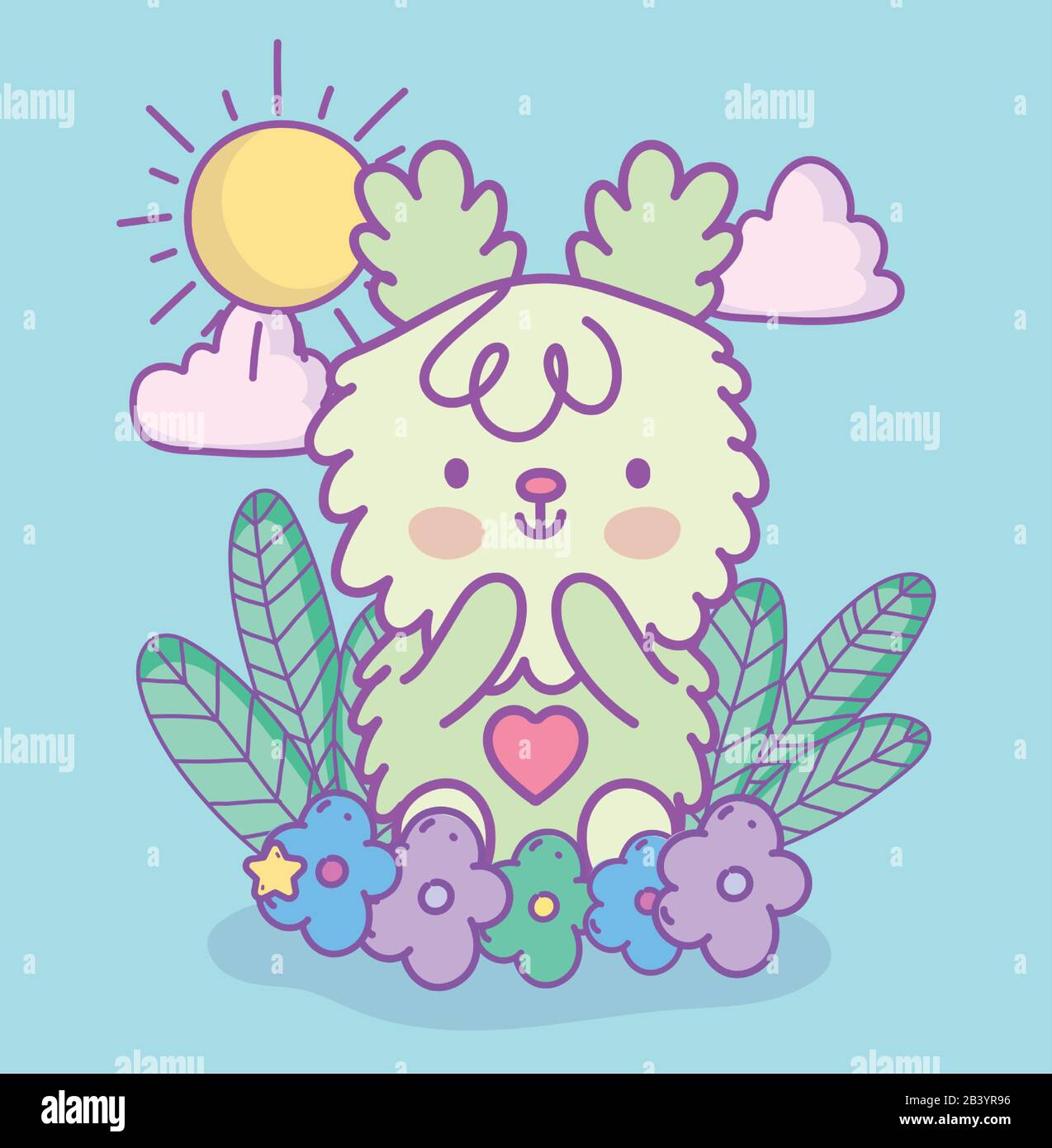 cute rabbit furry flowers leaves clouds sun decoration cartoon vector ...