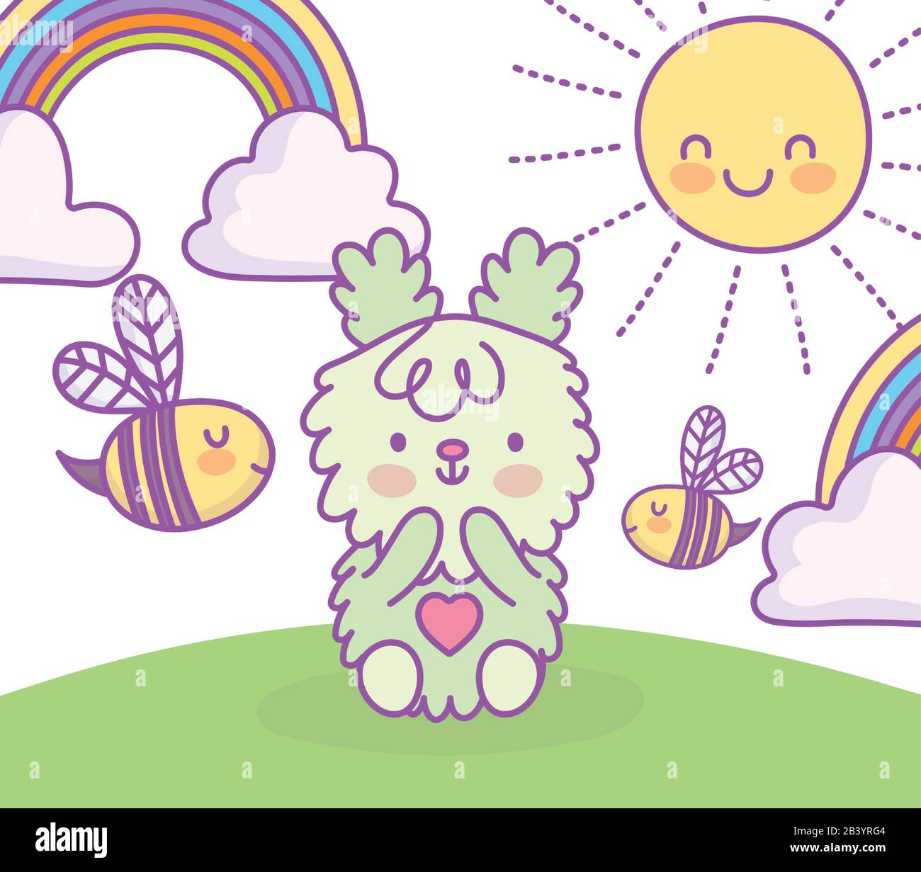 cute adorable bunny sitting in grass with bees rainbow clouds sun ...