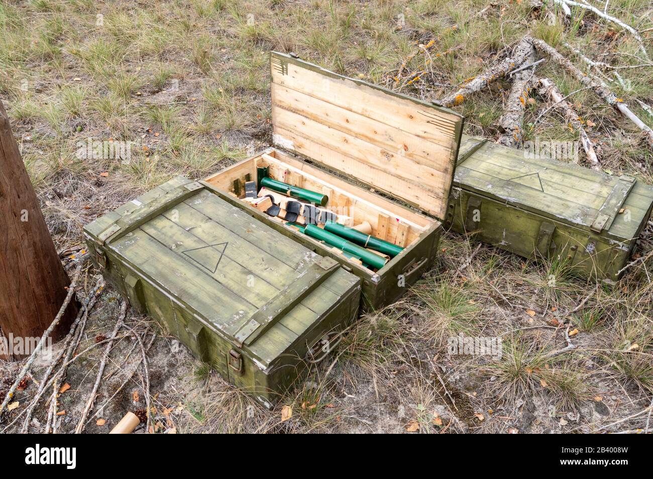 Boxes of ammunition. Military boxes with grenades Stock Photo - Alamy