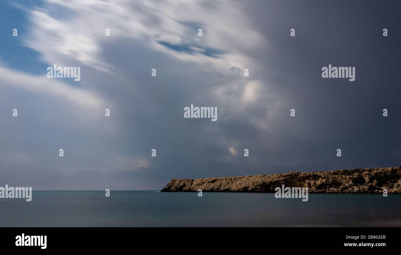 Sandy and pebble beach of the Mediterranean Sea, shot in calm weather ...