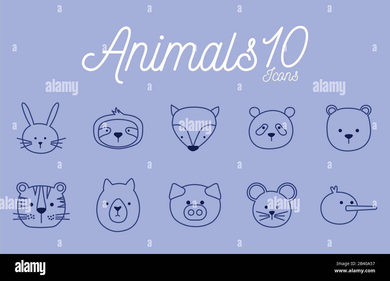 10 Cute animals cartoons line style icon set vector design Stock Vector ...