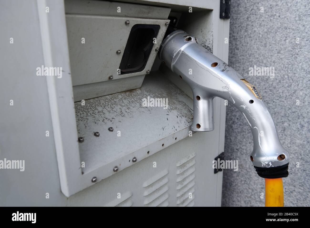An old silver aluminium plug-in connector at the electric station. For ...