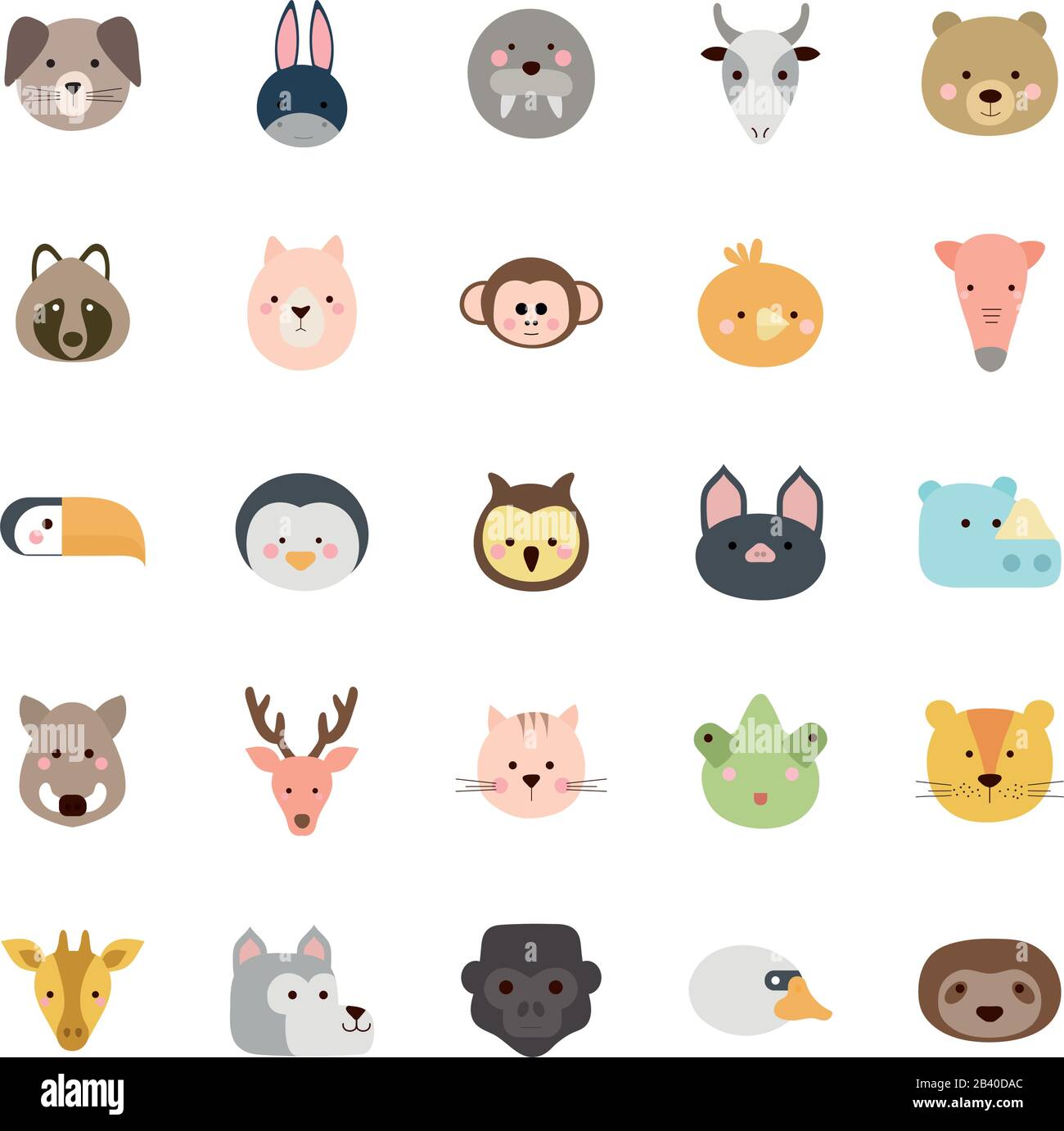 Cute animals cartoons flat style icon set vector design Stock Vector ...