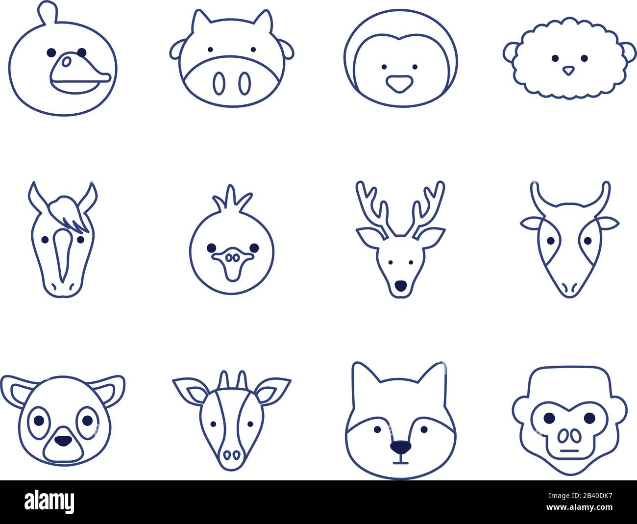 Cute animals cartoons line style icon set vector design Stock Vector ...