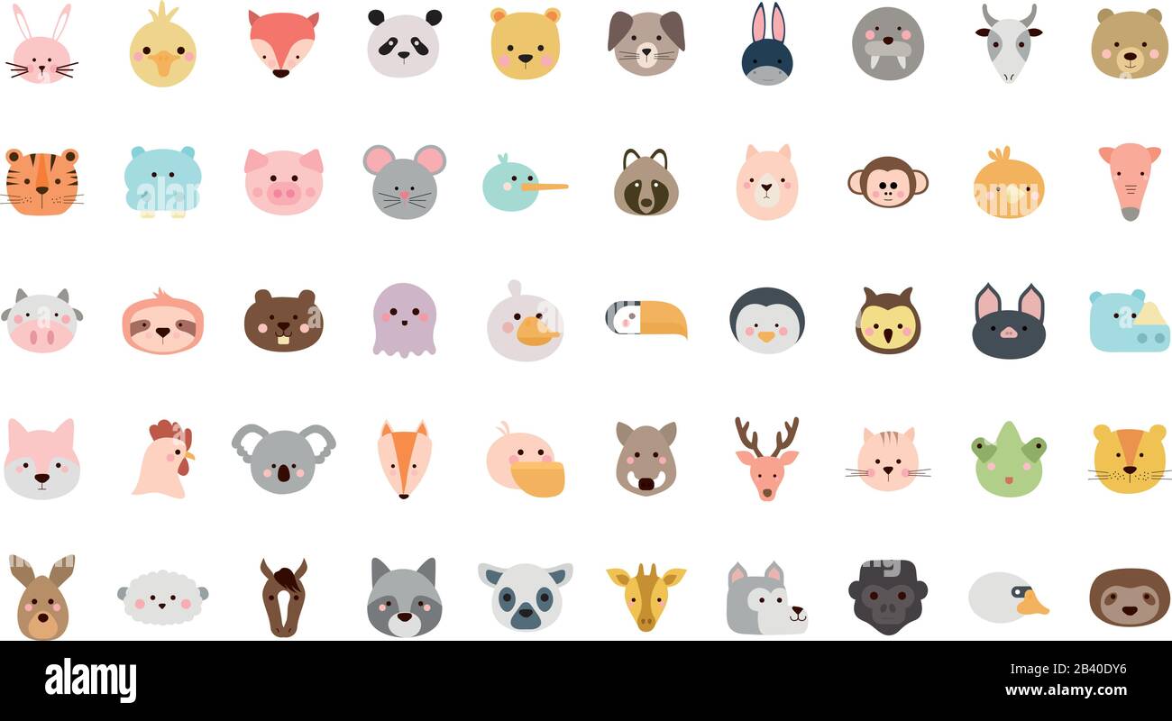 Cute animals cartoons flat style icon set vector design Stock Vector ...