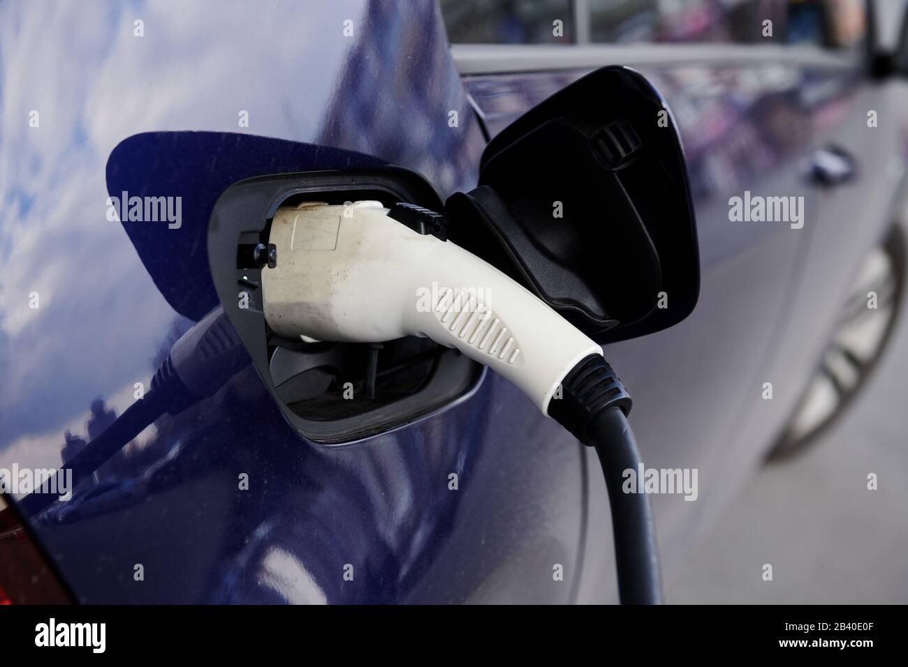 White plug-in connector in blue electric car. Car while charging ...