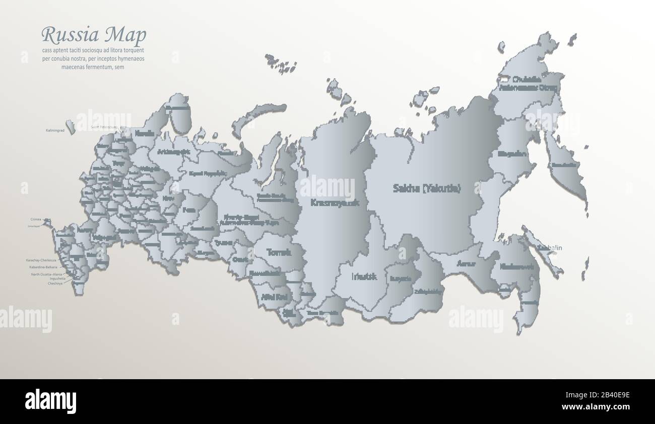 Russia map, administrative division with names, white blue card paper ...