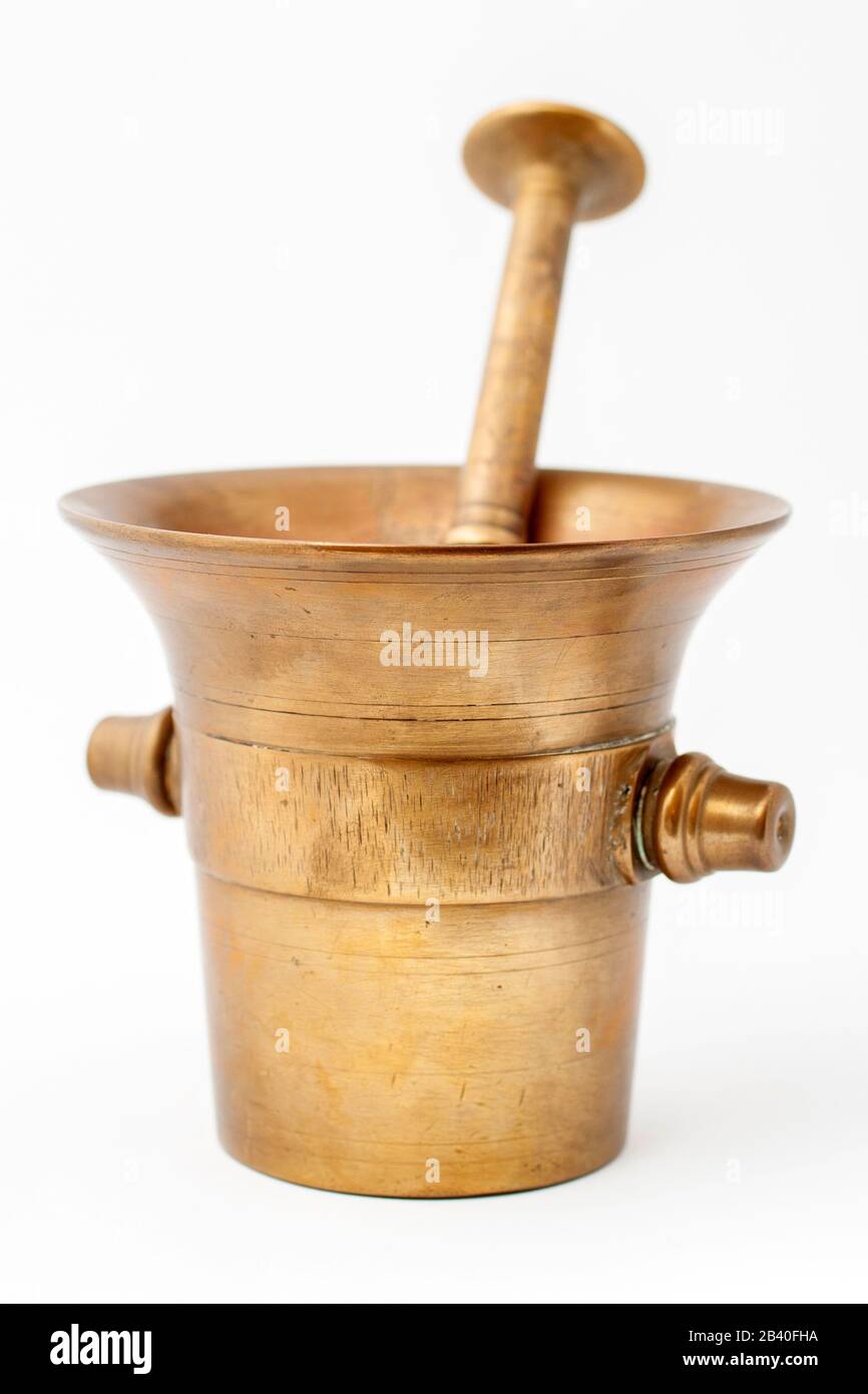 Vintage copper mortar isolated on white background Stock Photo - Alamy