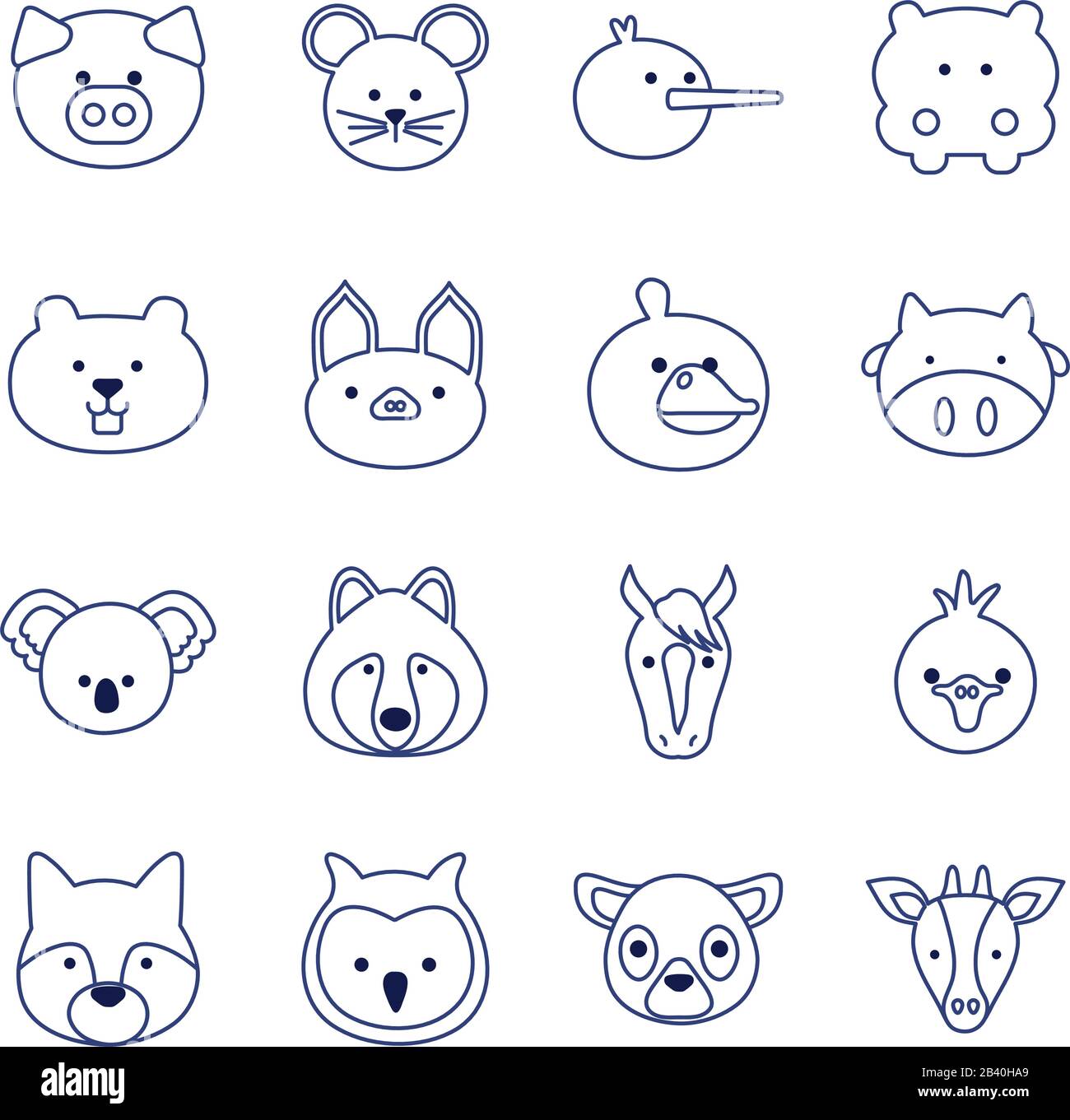 Cute animals cartoons line style icon set vector design Stock Vector ...