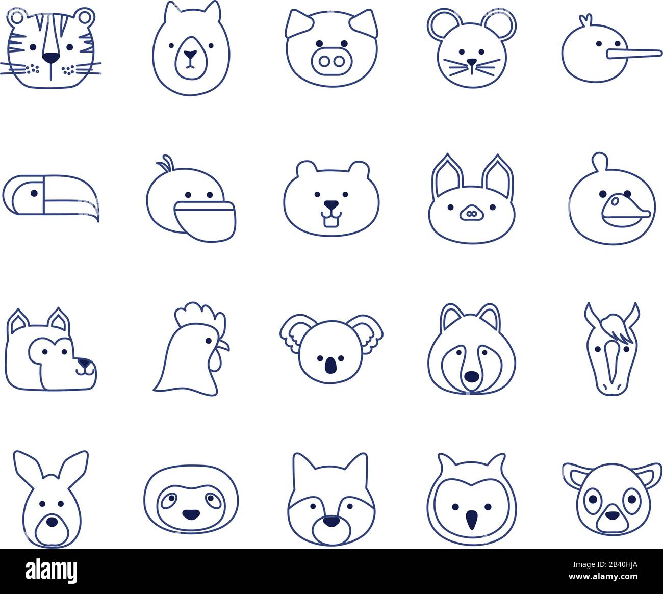 Cute animals cartoons line style icon set vector design Stock Vector ...