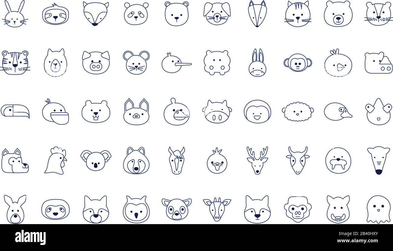 Cute animals cartoons line style icon set vector design Stock Vector ...
