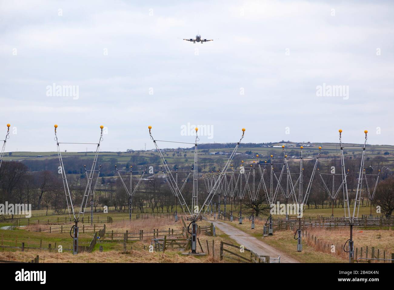 An aircraft on final approach to Leeds Bradford International Airport ...