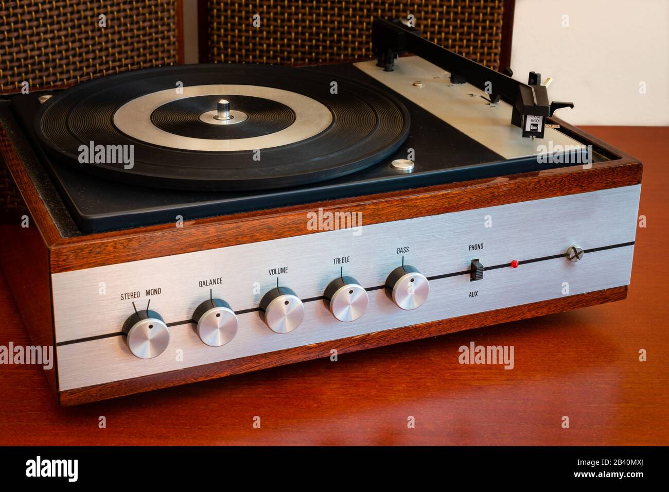 Vintage turntable made of wood with speakers on a old table Stock Photo ...