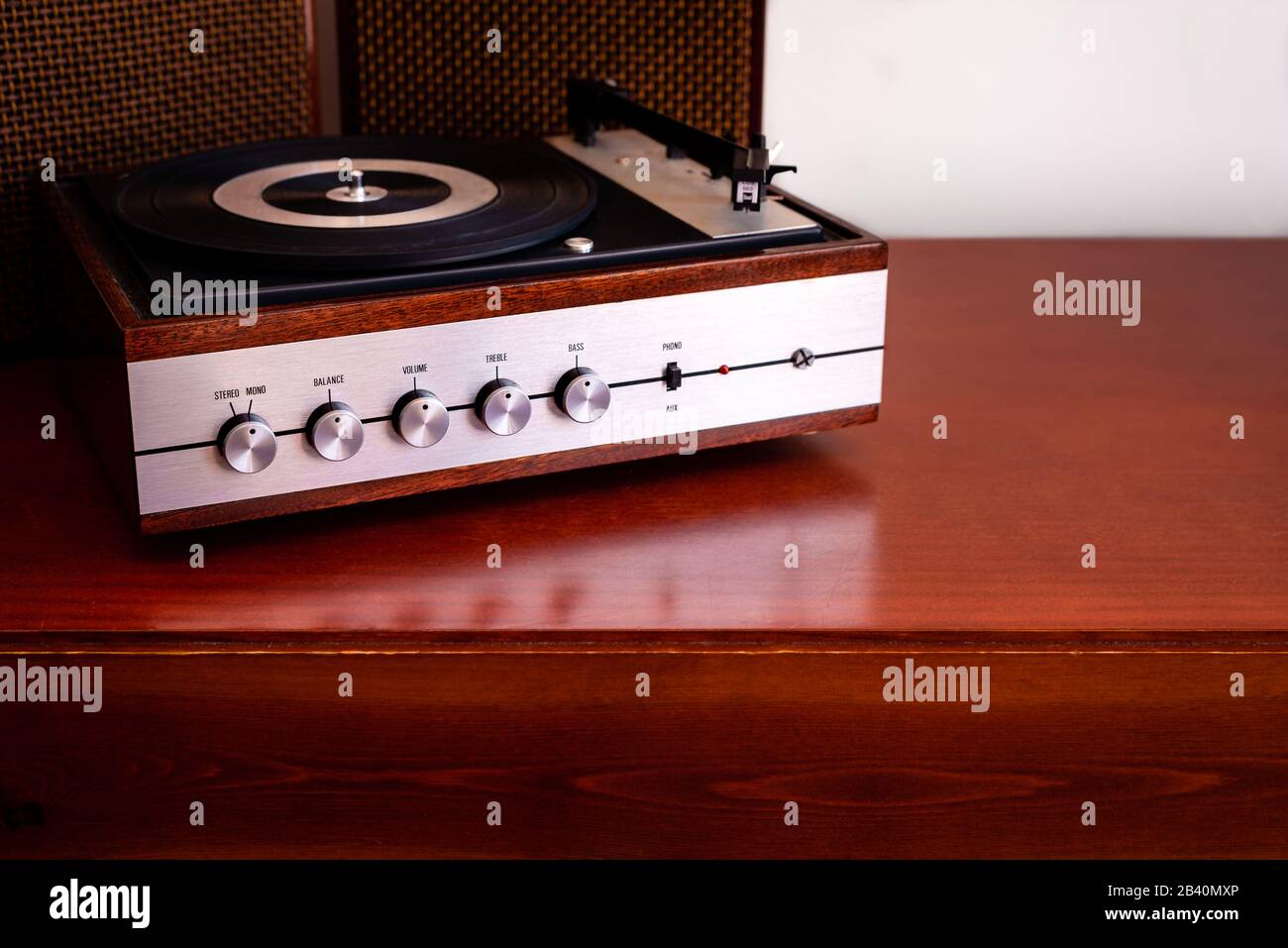 Vintage turntable made of wood with speakers on a old table Stock Photo ...