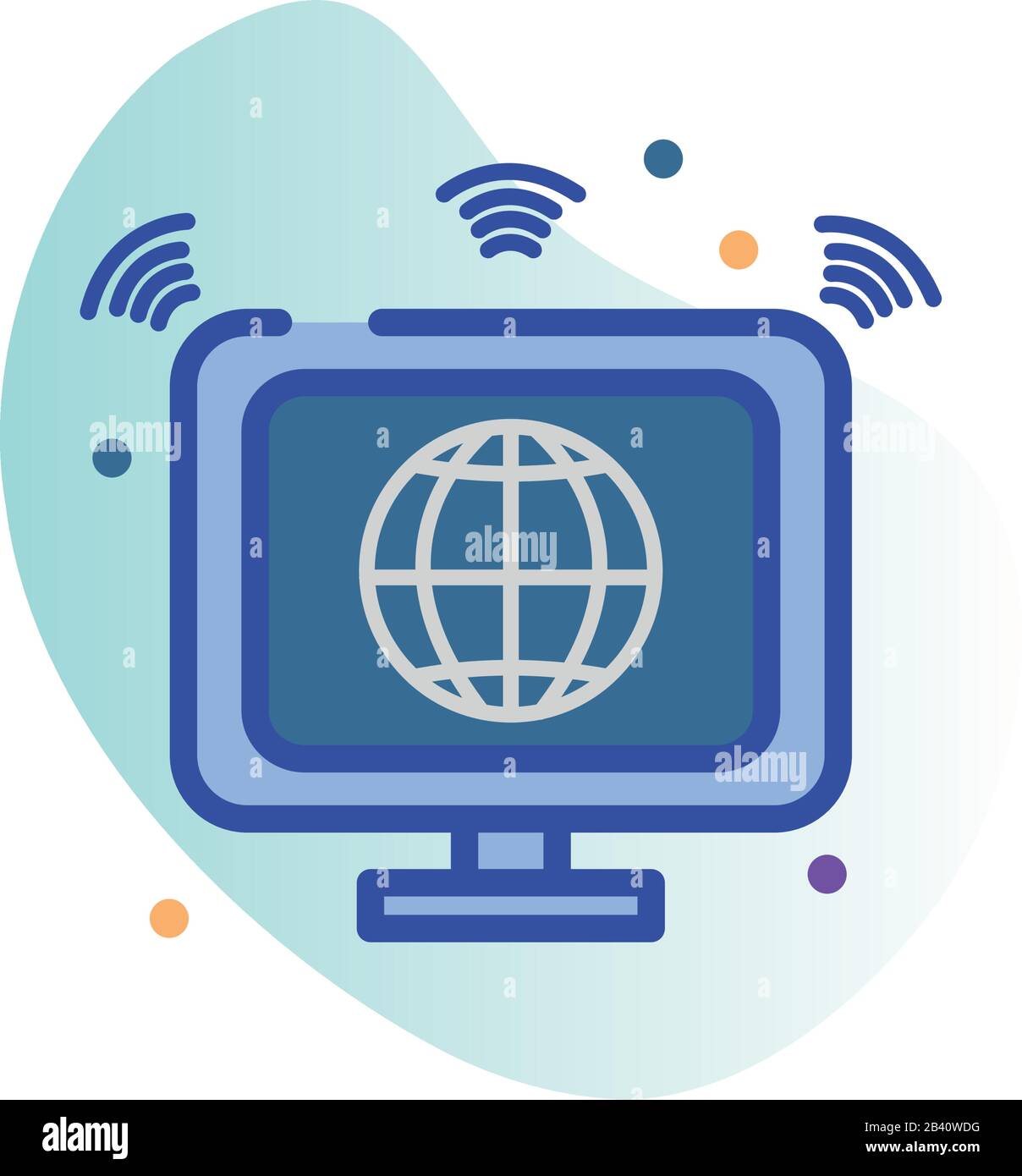 Global sphere inside computer line fill block style icon design, Communication internet ...
