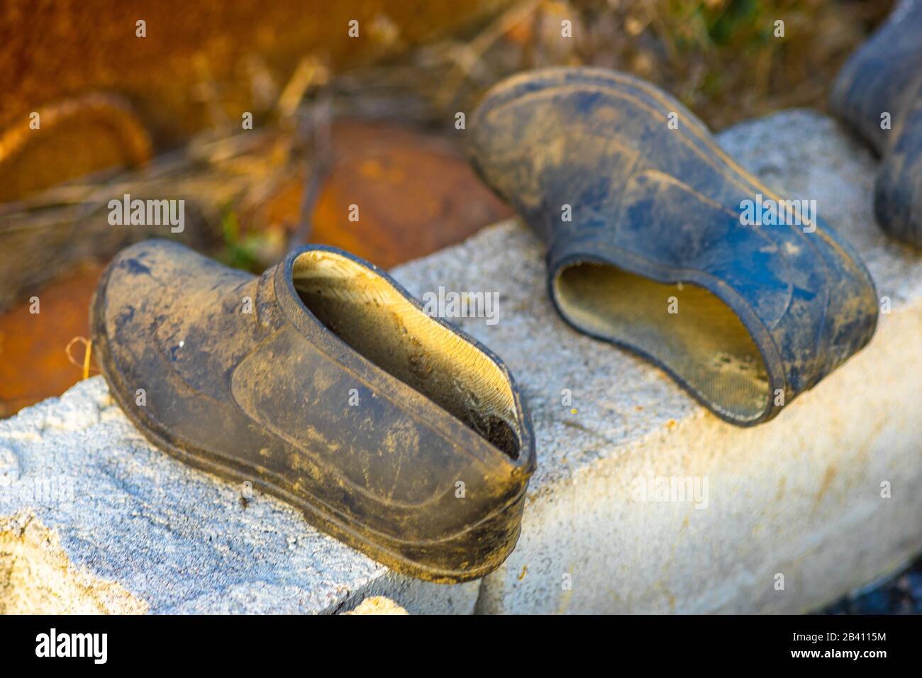 A pair of old dirty galoshes on bricks outdoor Stock Photo - Alamy
