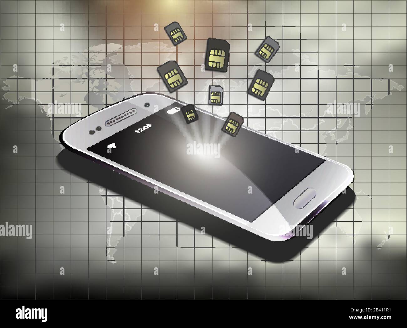 Mobile phone realistic sim card world map vector separate states ...