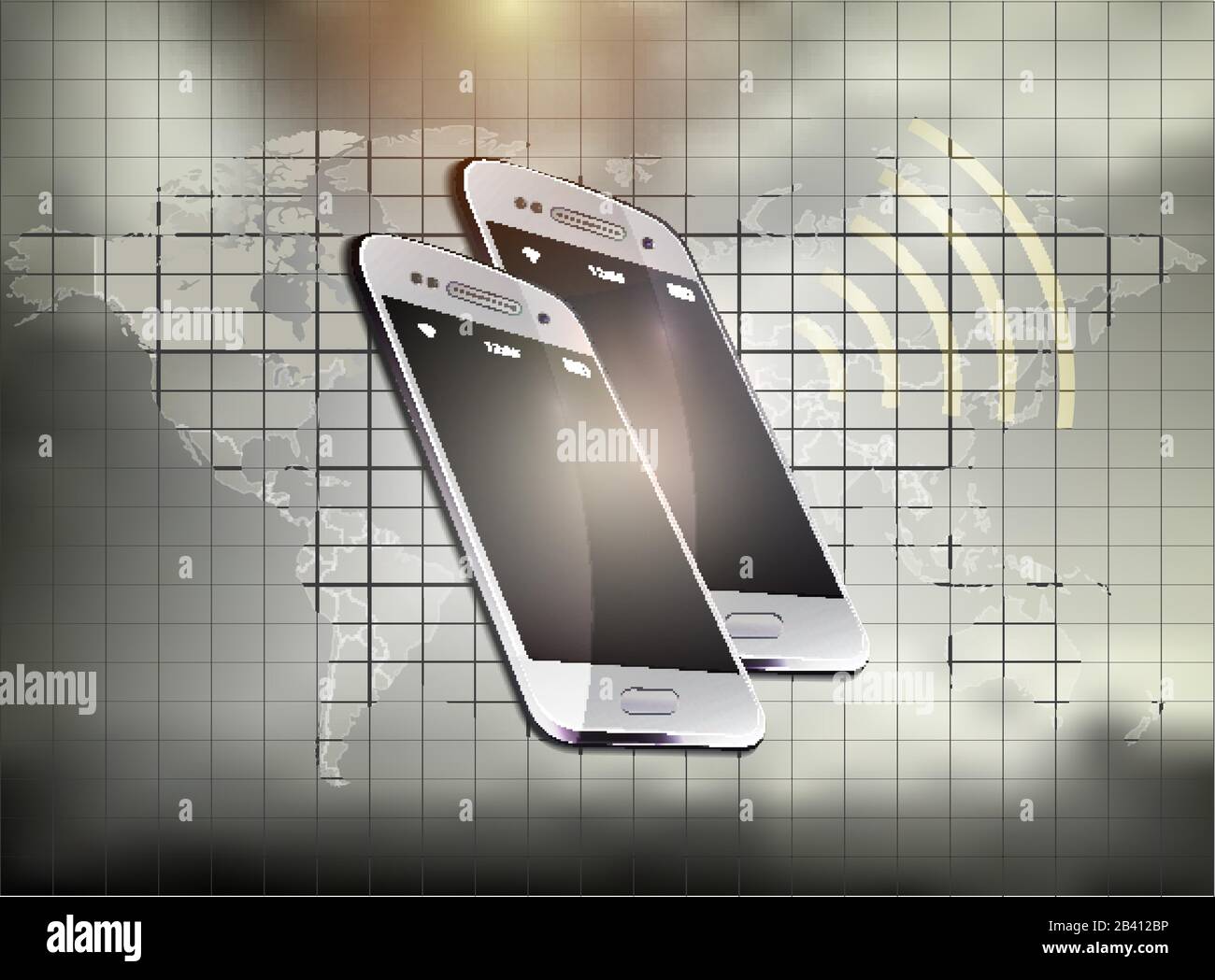 Mobile phone realistic signal icon world map vector separate states ...