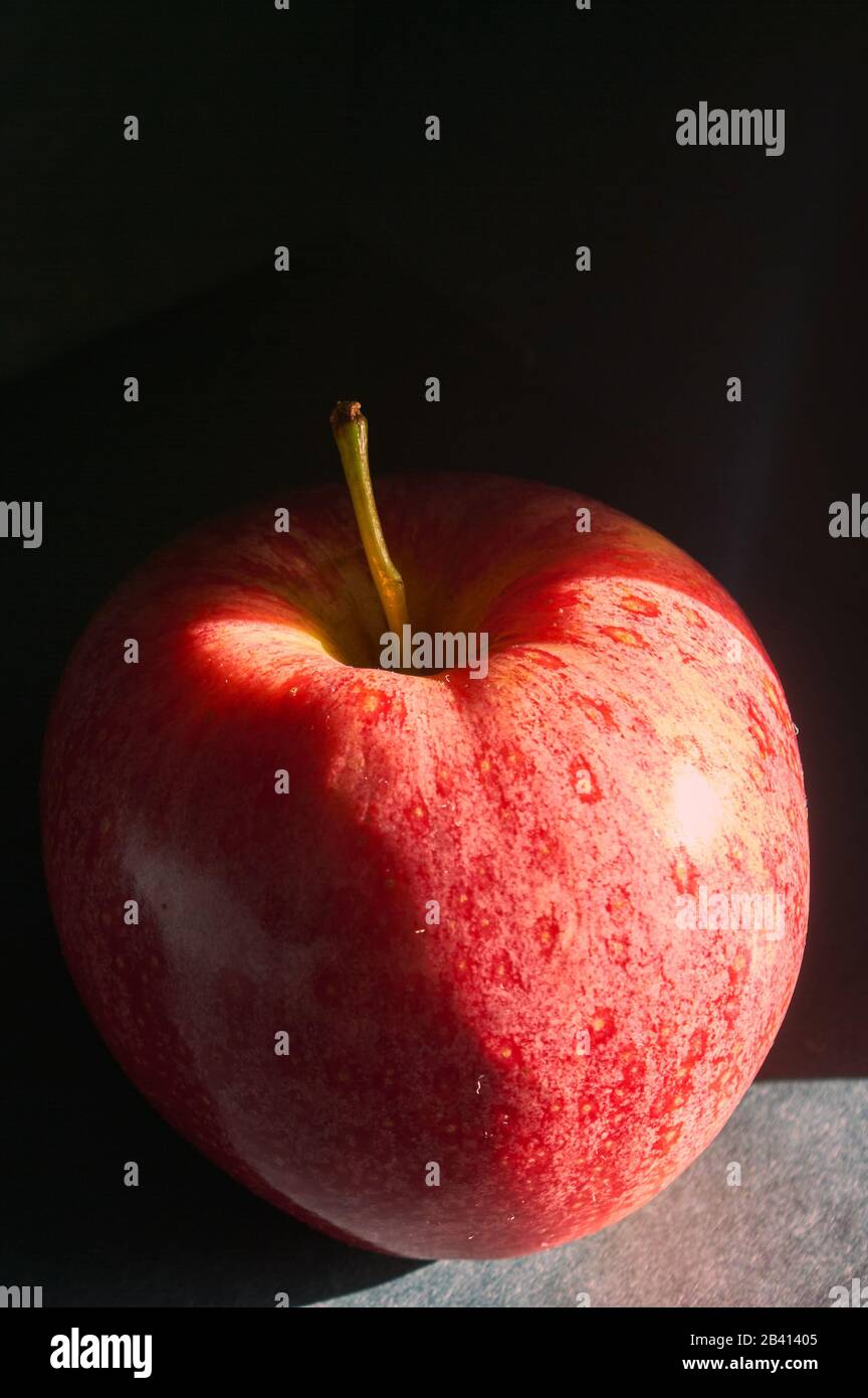red apple with natural window light, creating shadow and black ...