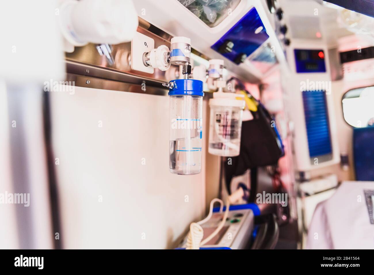 Detail of the interior of an ambulance, equipped with oxygen breathing ...