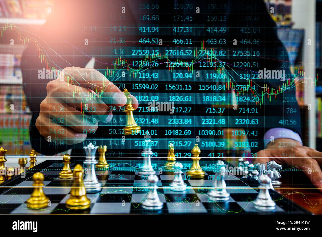 Chess game on chess board on stock market or forex trading graph chart ...