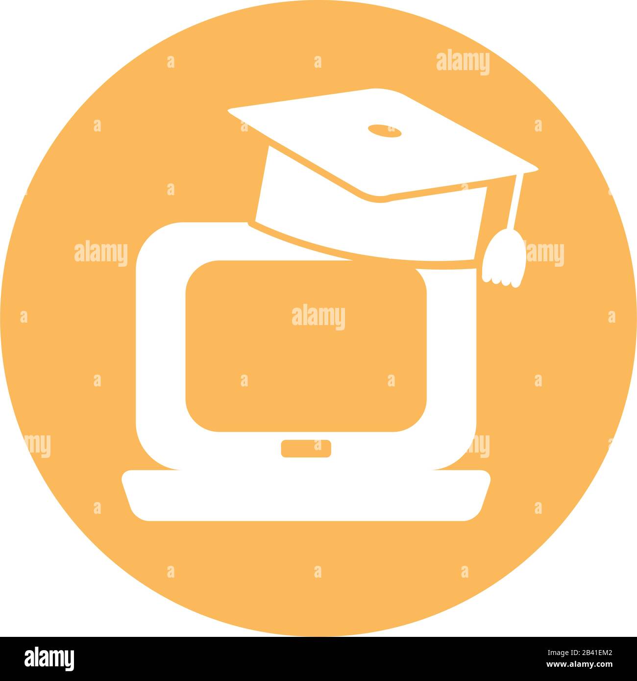 Graduation cap over computer silhouette block style icon design ...