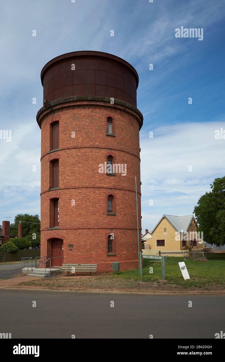 The historic, red brick water tower, now a museum. In Murtoa, Victoria ...
