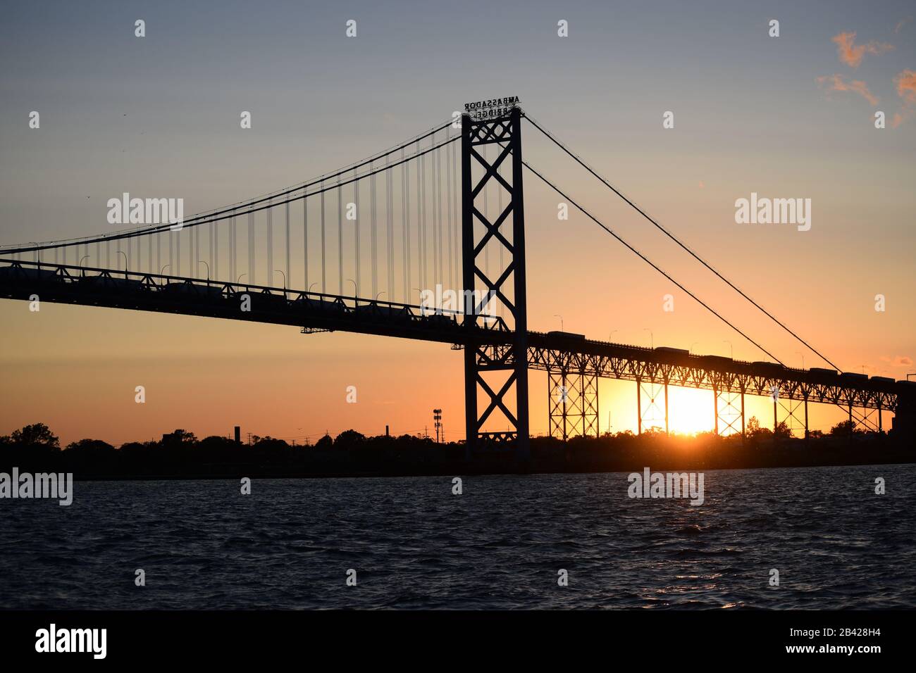 Ambassador bridge view from Windsor, Ontario. Detroit - Canada border ...
