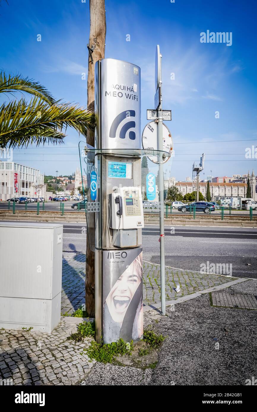 a public telephone booth in belem, lisbon portugal Stock Photo - Alamy