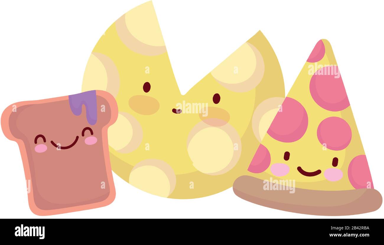 pizza bread and cheese cutting menu character cartoon food cute vector ...