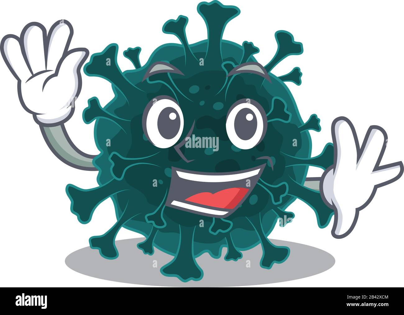 Smiley coronavirus COVID 19 cartoon mascot design with waving hand ...
