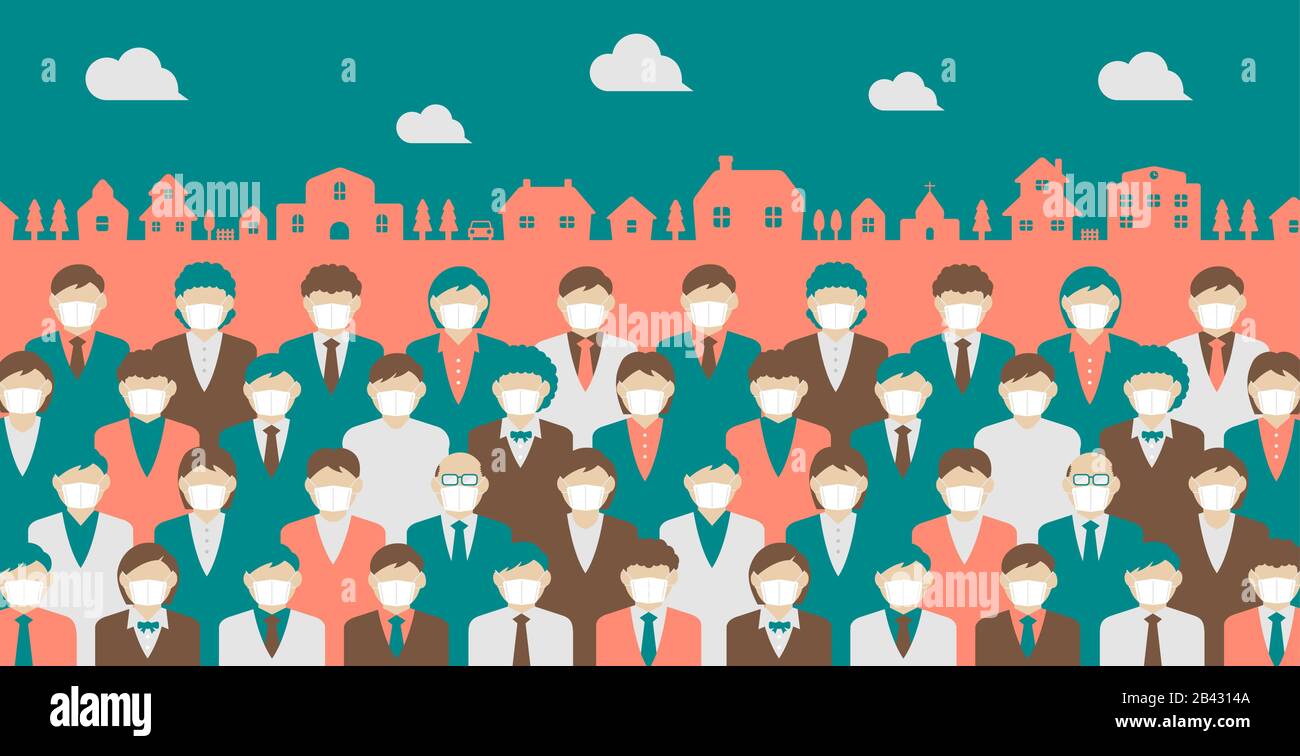 Faceless crowd wearing mask vector banner illustration / pandemic ...