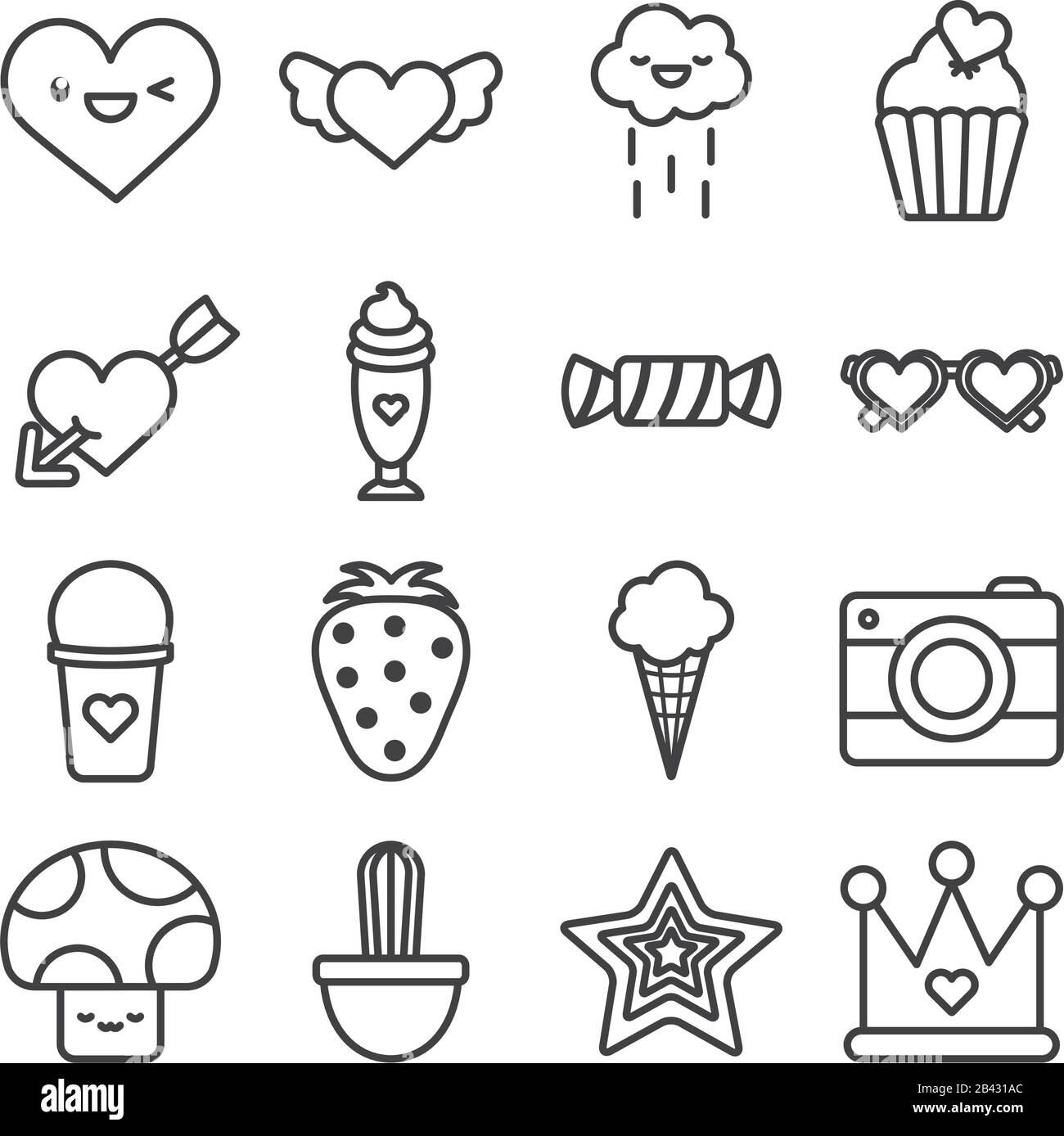 cute elements line style icon set design, Kawaii expression character ...