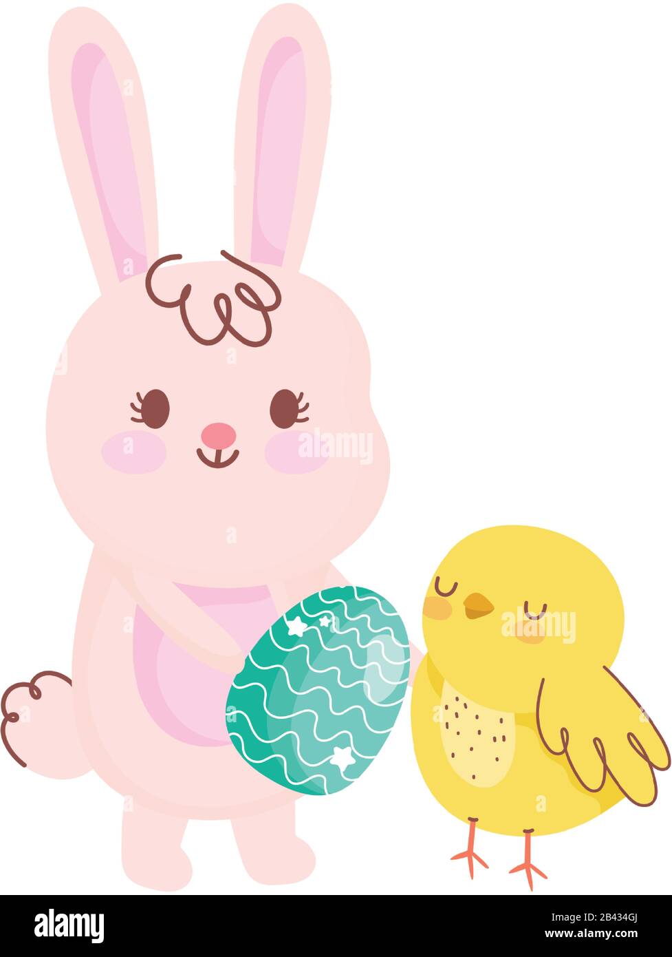 happy easter rabbit with egg chicken rainbow field flowers vector ...